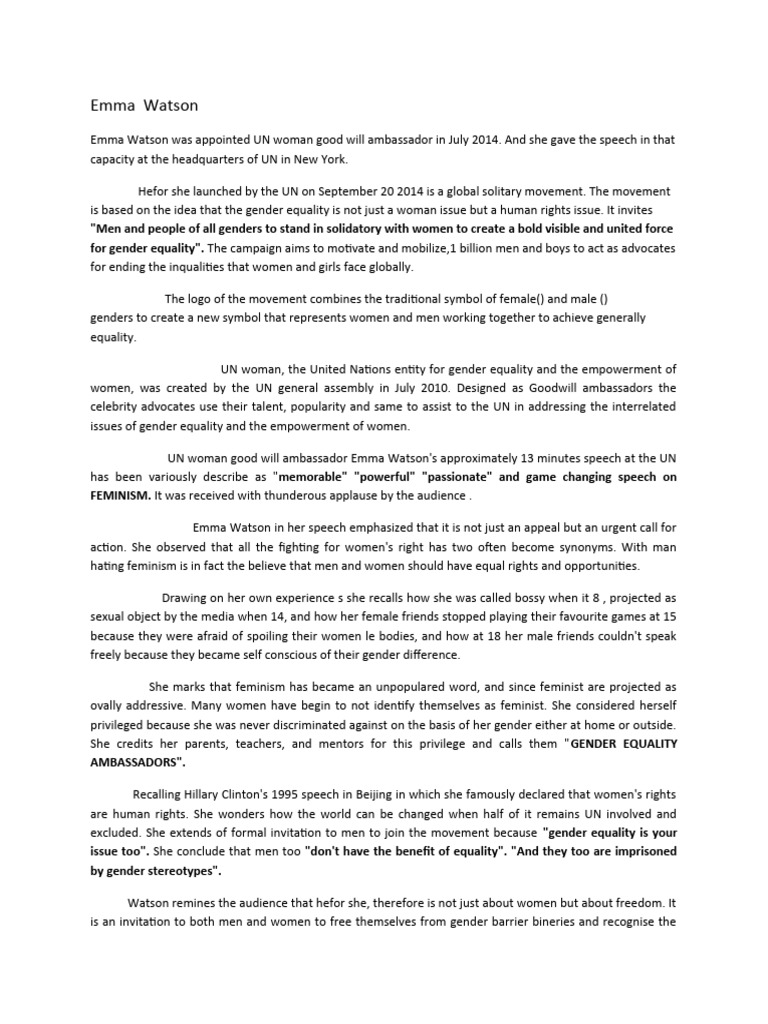 Emma Watson's Summary | PDF | Gender Studies | Gender Equality