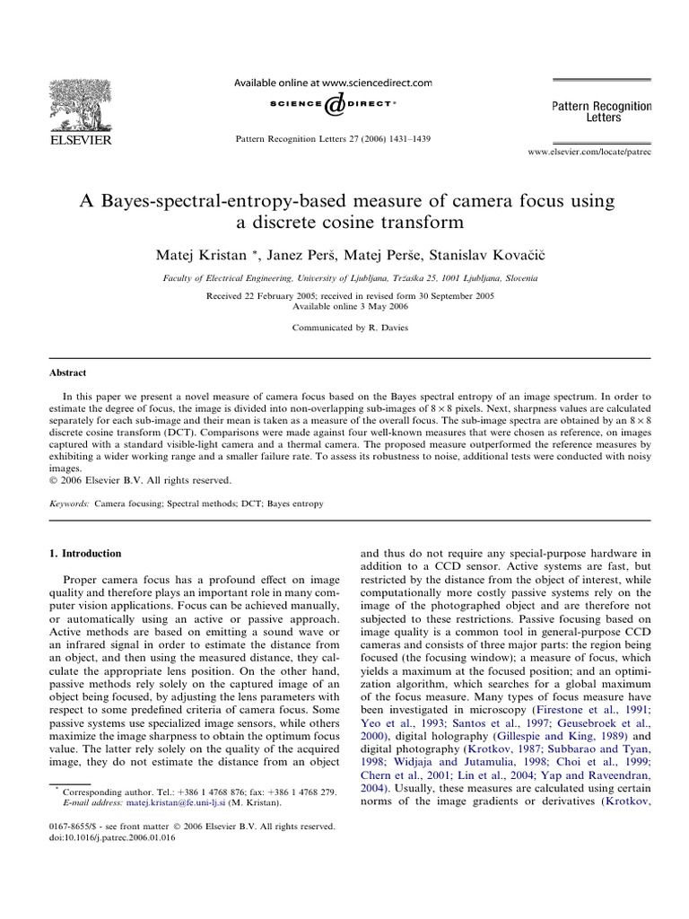 A Bayes Spectral Entropy Based Measure Of Camera Focus Using A Discrete Cosine Transform Pdf