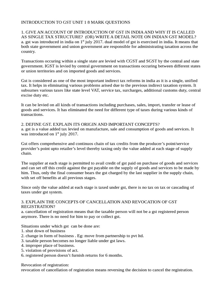 Introduction To GST Unit 1 8 Mark Questions. | PDF | Value Added Tax | Taxes