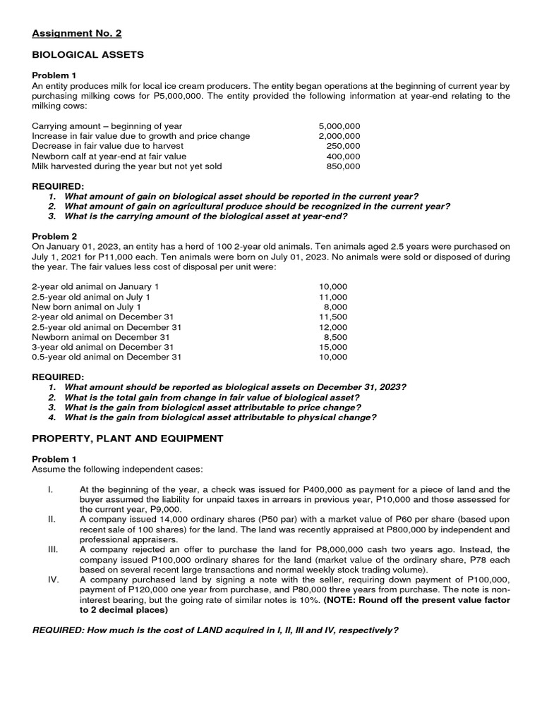 ACCO 201 - Bio Assets and PPE Assignment No. 2 | PDF | Depreciation | Cost