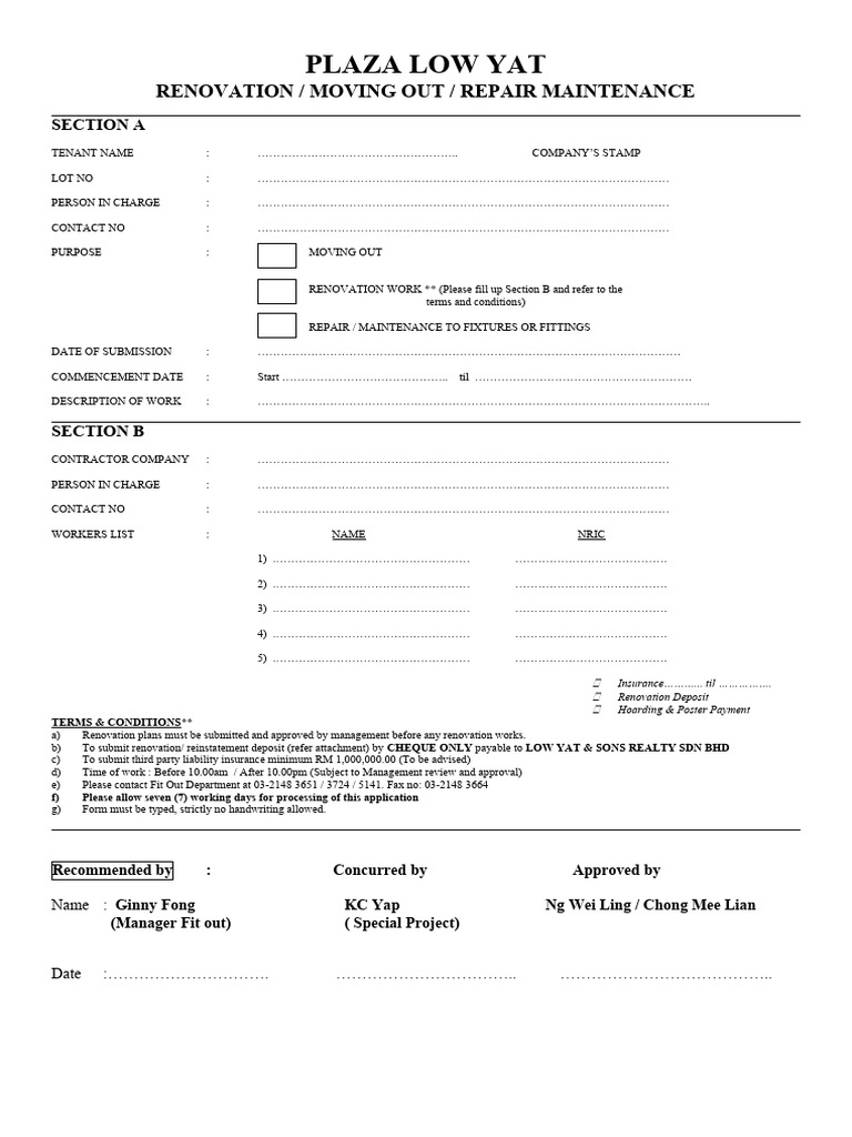 Plaza Low Yat Renovation Request Form | PDF | Private Law | Business Law