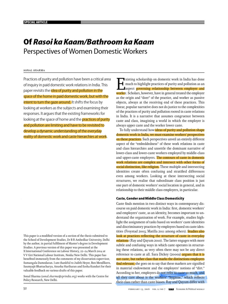 Sonal Sharma - of Rasoi Ka Kaam or Bathroom Ka Kaam Perspectives of Women Domestic Workers | PDF ...