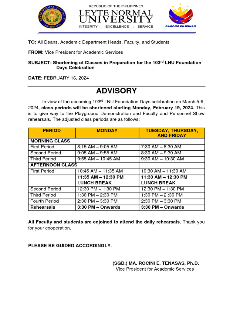 Advisory Feb 16. Shortening of Periods. Foundation Days 2024 | PDF ...