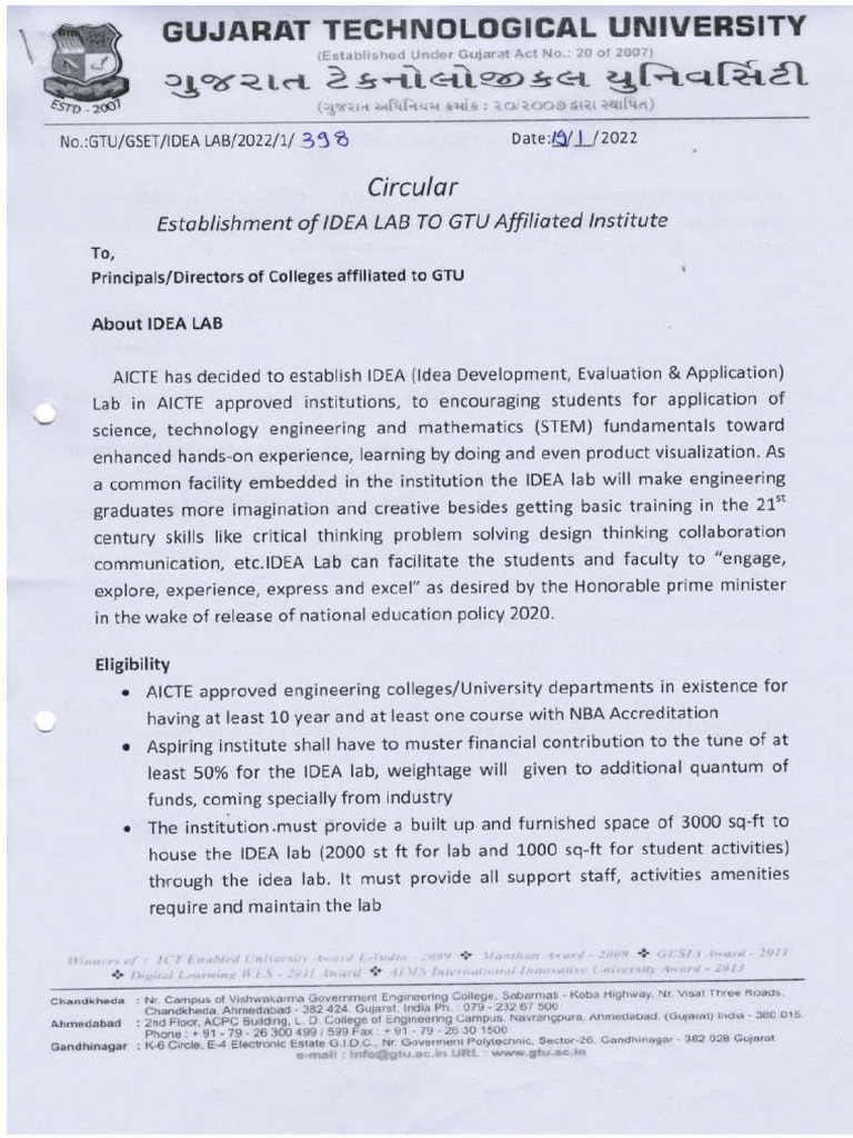 Circular - Establishment of Idea Lab To GTU Affiliated Institute (GSET ...