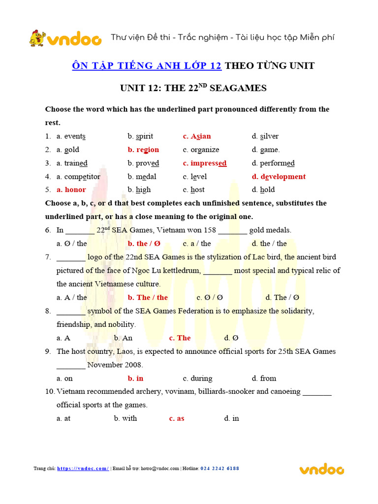 Tong Hop Bai Tap Tieng Anh Lop 12 Unit 13 The 22nd Sea Games Co Dap An | Download Free PDF ...
