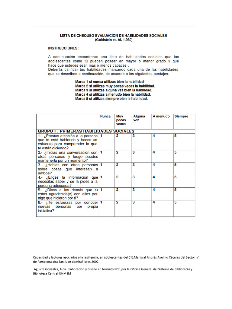 Lista de Chequeo Evaluación Habilidades Sociales Goldstein Et Al. J ...