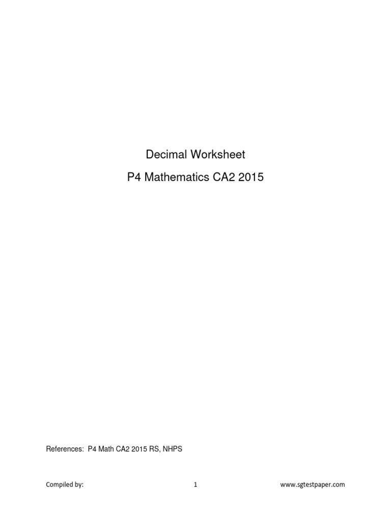 P4 Math Decimals Worksheet 2015 | PDF | Mathematics | Arithmetic