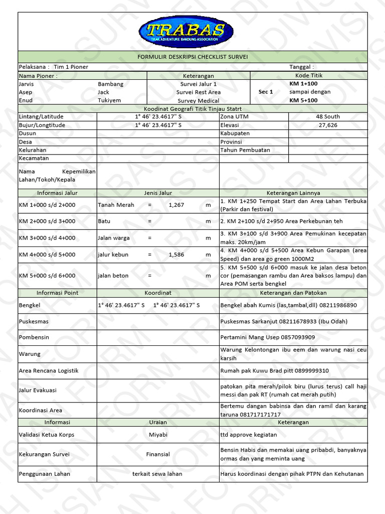 Form Isian Survei Pioner Catra Trabas | PDF