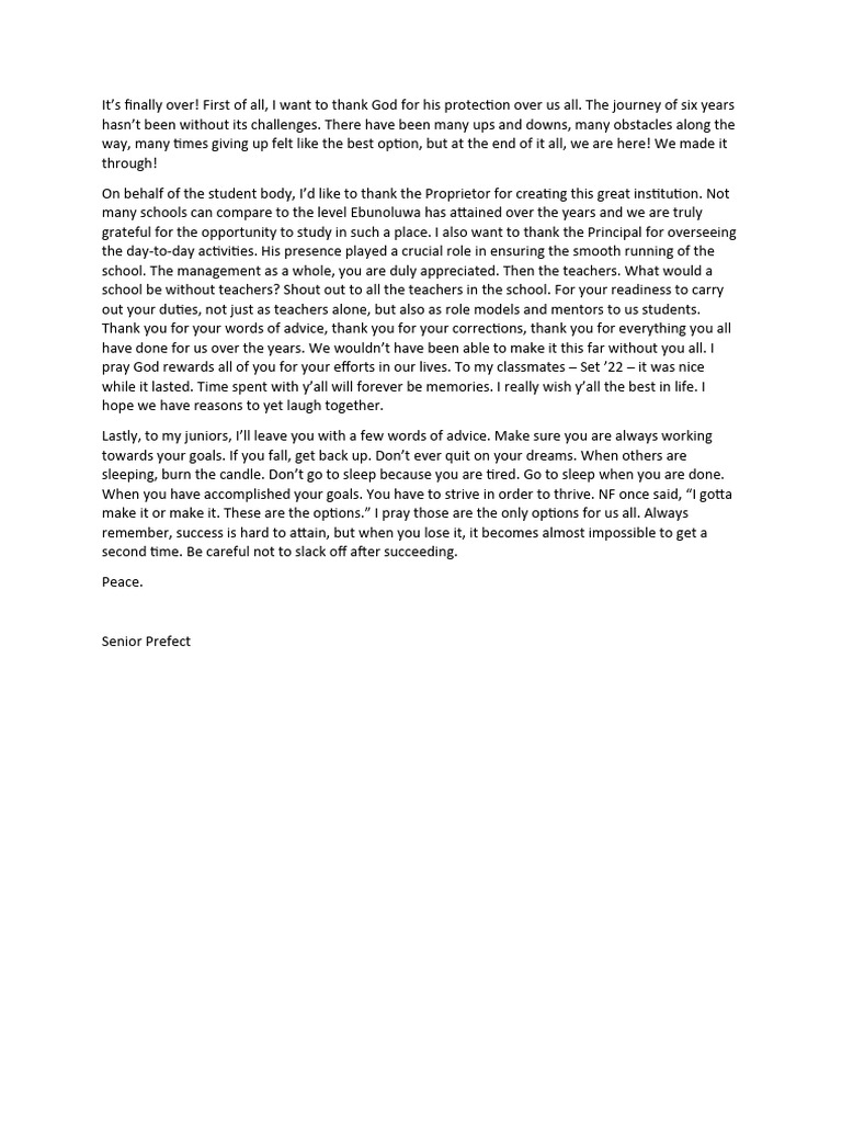 Senior Prefect Speech | PDF