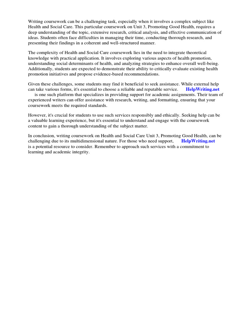 Health and Social Care Unit 3 Promoting Good Health Coursework | PDF ...
