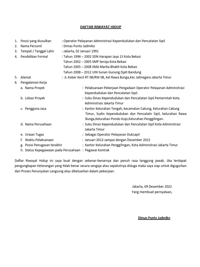 Contoh DRH CV PJLP | PDF | Bisnis