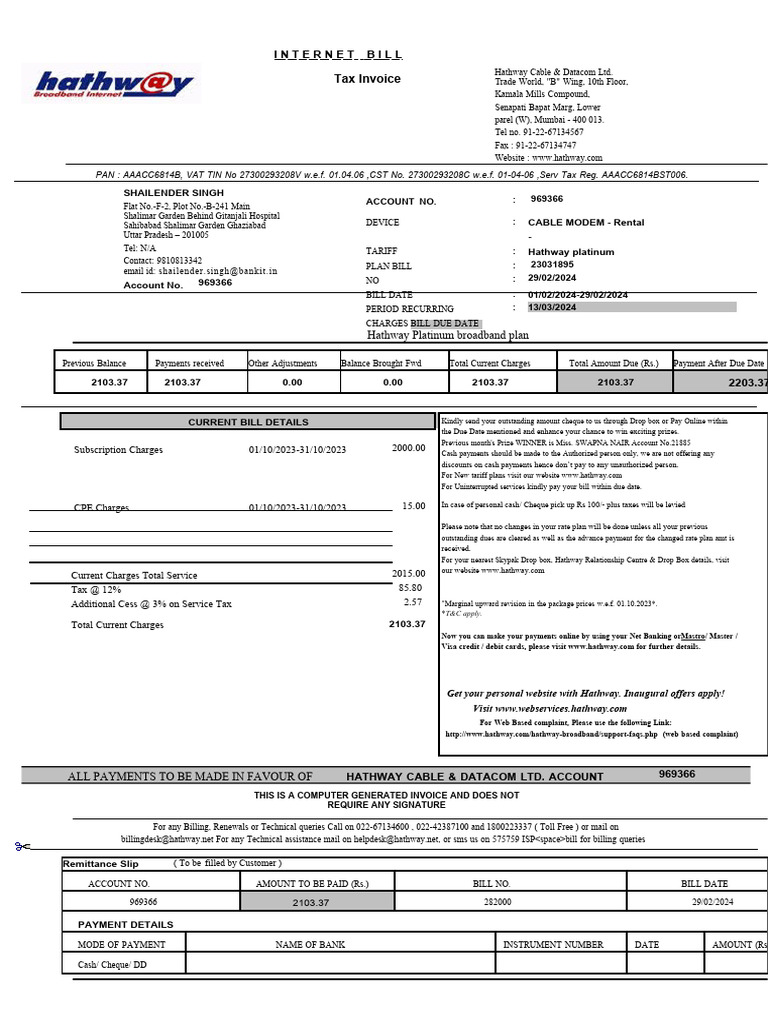 Internet Bill Format PDF | PDF | Payments | Cheque