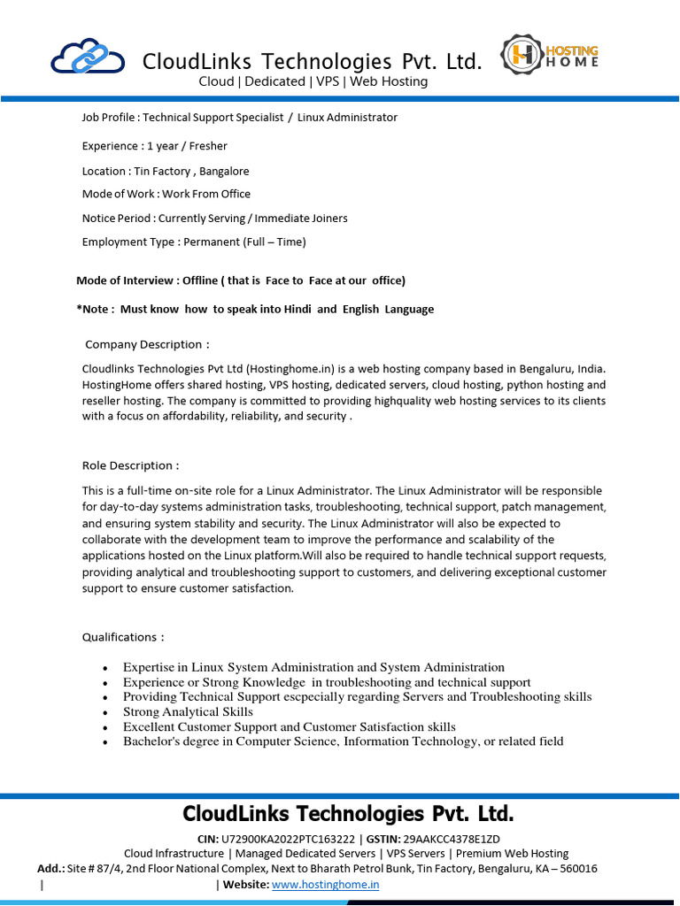 JD For Linux Admin | PDF | Cloud Computing | System Administrator