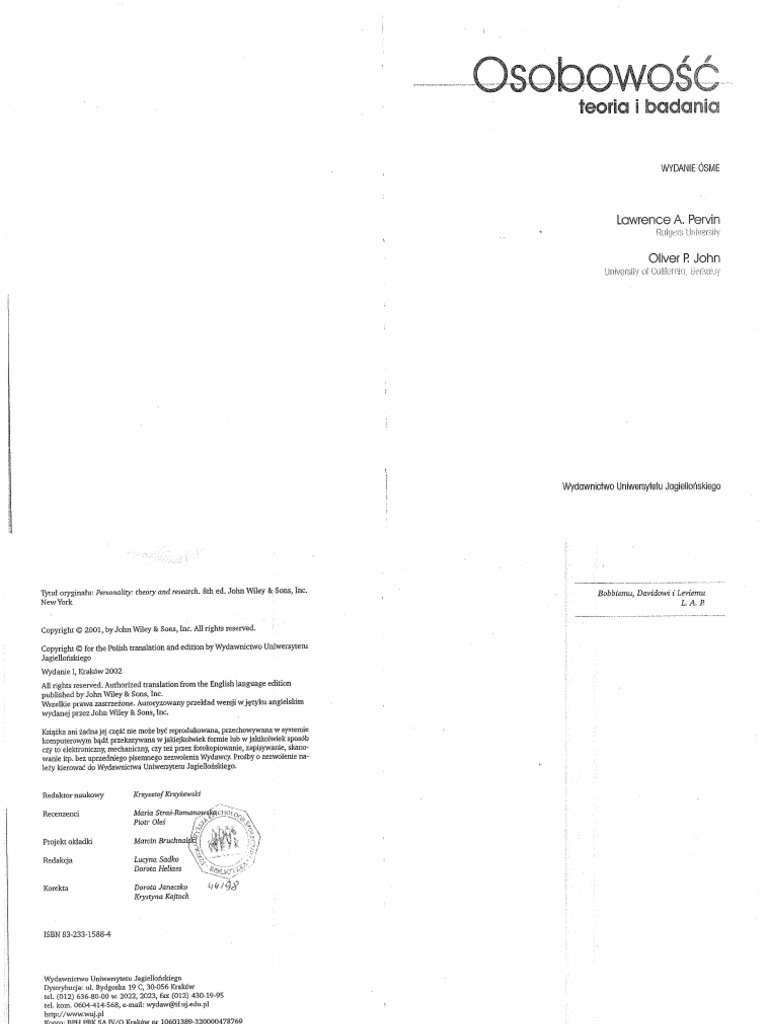 Pervin Osobowosc Teoria I Badania | PDF