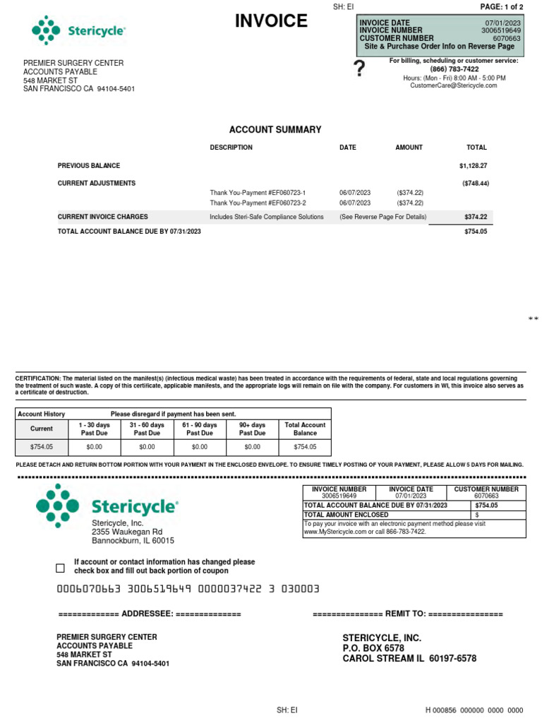 Excess Payment - Inv 3006519649 - Ac - 1000823481 For Stericycle | PDF ...