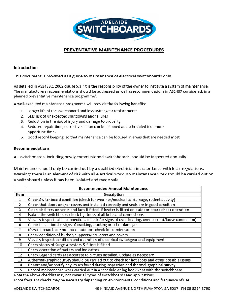 Adelaide Switchboard Maintenance Guide | PDF | Insulator (Electricity ...