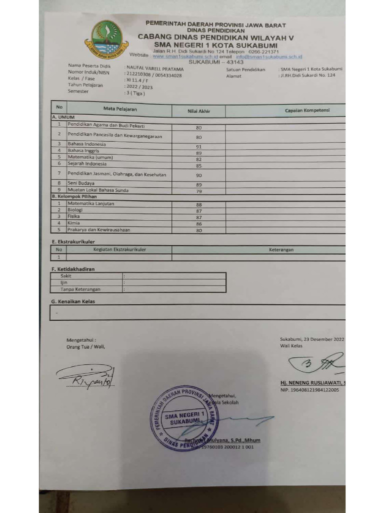 Nilai Raport Kelas 11 Semester 1 | PDF