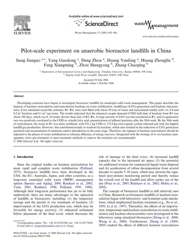 Pilot-Scale Experiment On Anaerobic Bioreactor Landfills in China | PDF ...