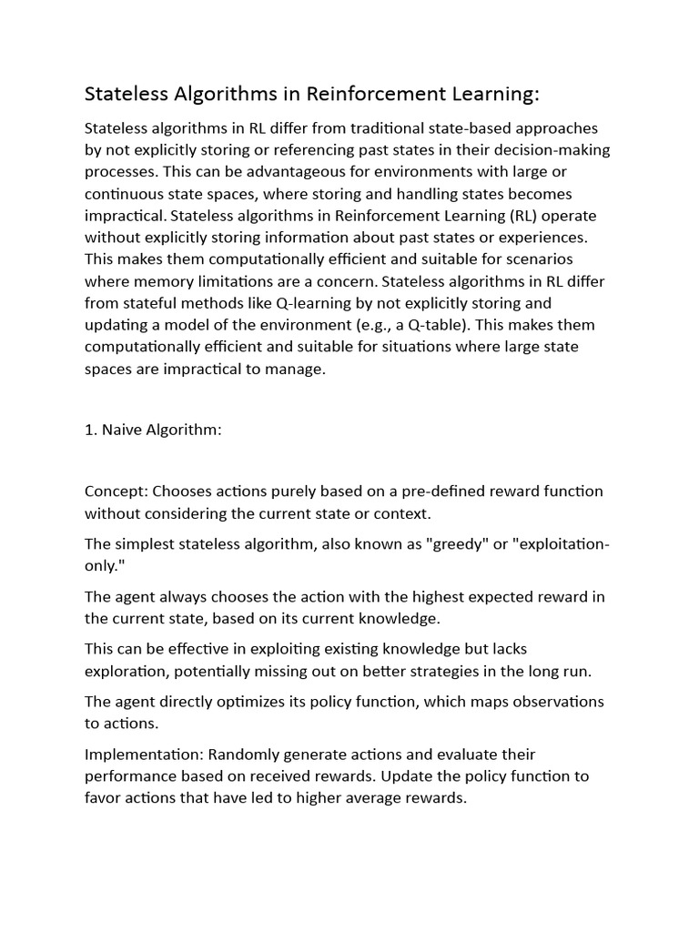 Stateless Algorithms in Reinforcement Learning | PDF | Algorithms | Cognitive Science
