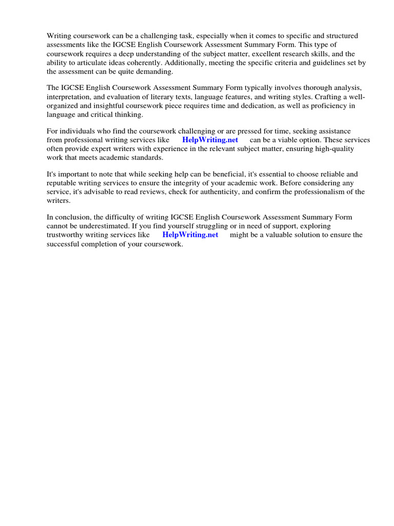 Igcse English Coursework Assessment Summary Form Pdf