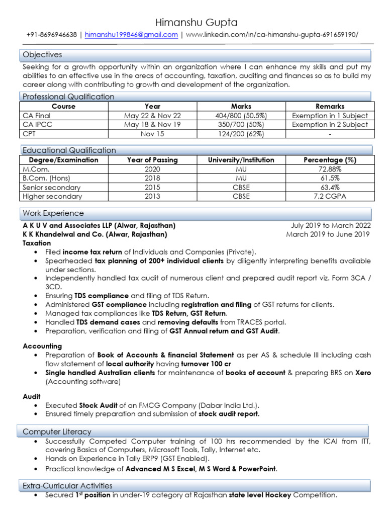 Resume Himanshu | PDF | Audit | Taxes