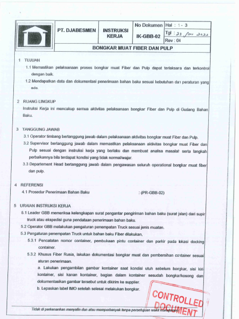 Ik-gbb-02-Instruksi Kerja Bongkar Muat Fiber Dan Pulp Rev.04 | PDF