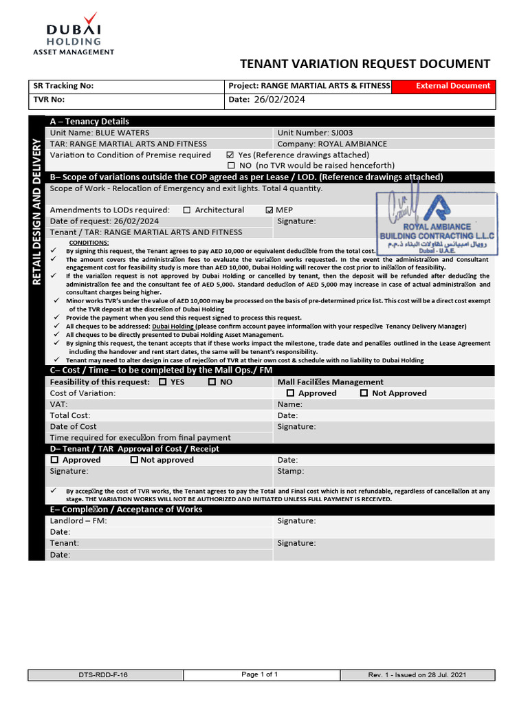 DTS-RDD-F-16 Tenant Variation Request | PDF | Leasehold Estate | Cheque