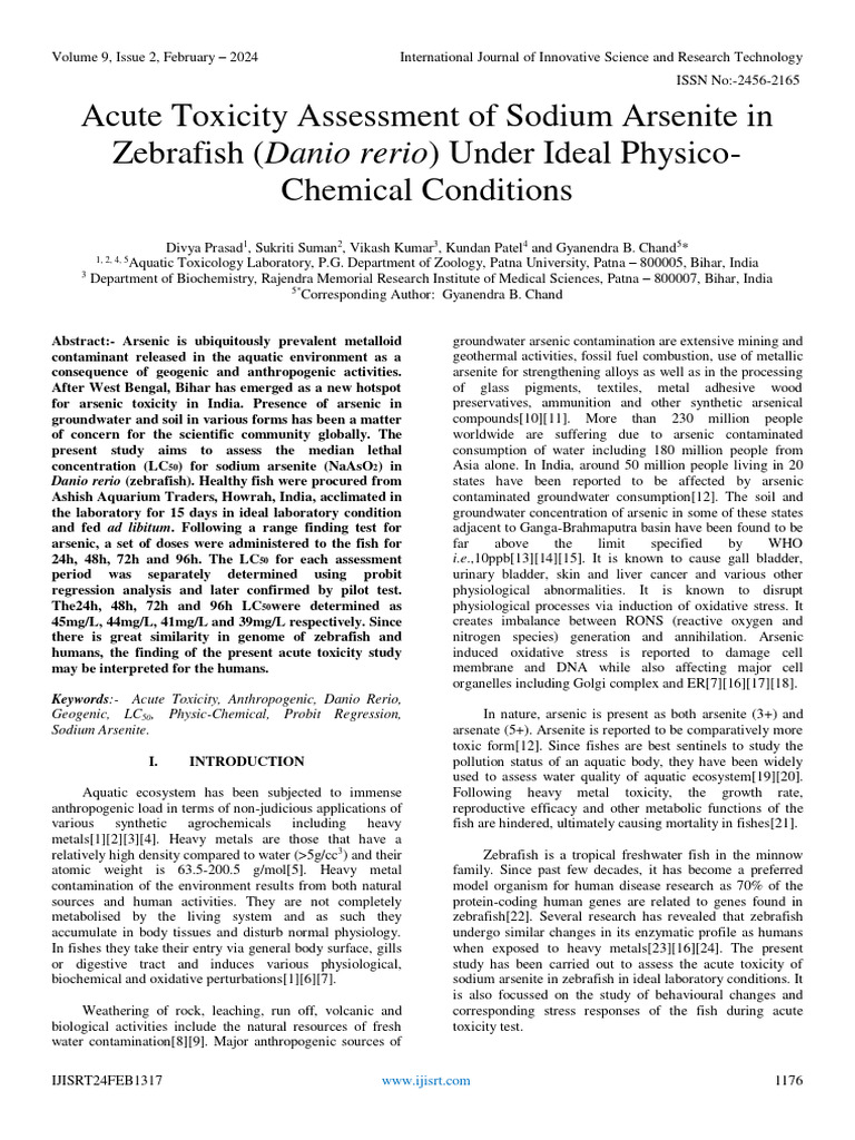 Acute Toxicity Assessment of Sodium Arsenite in Zebrafish (Danio Rerio ...