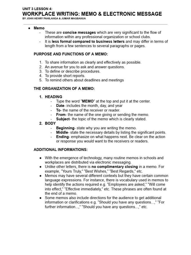 Unit 3 Lesson 4 Workplace Writing Pdf Memorandum Information