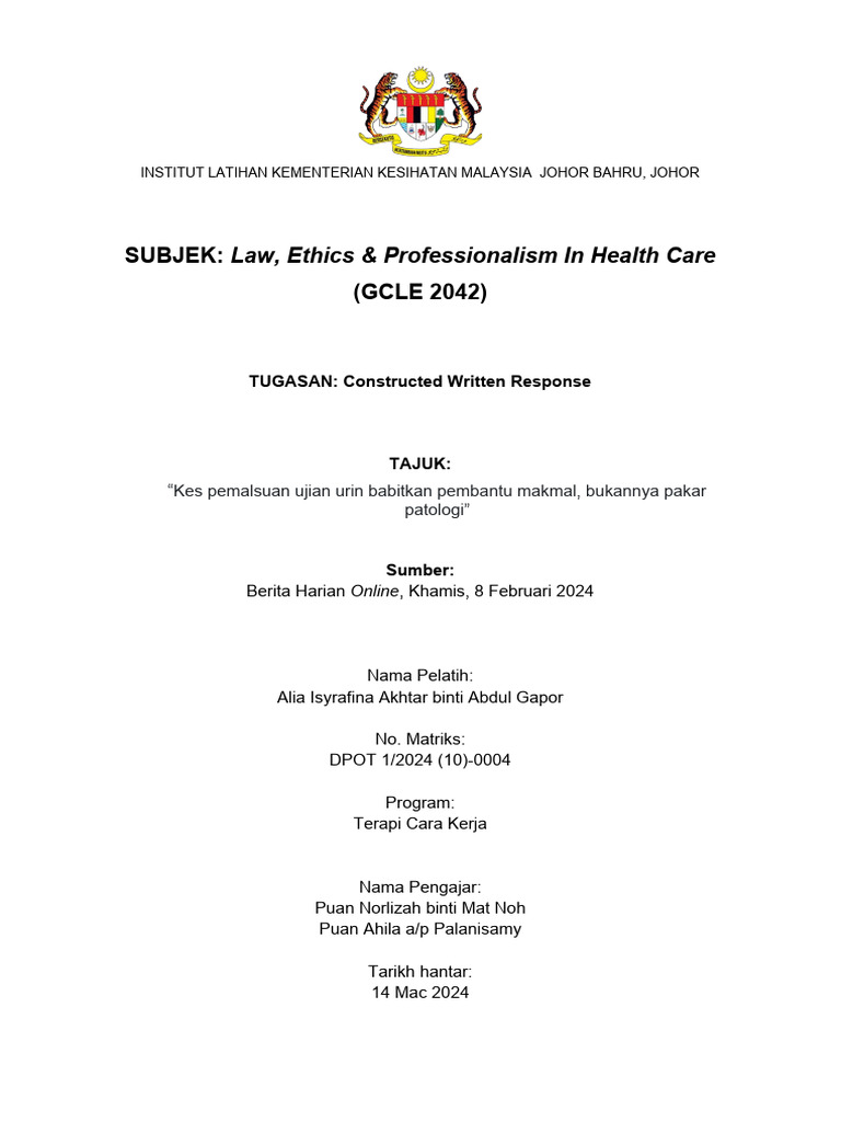 SUBJEK: Law, Ethics & Professionalism in Health Care (GCLE 2042) | PDF