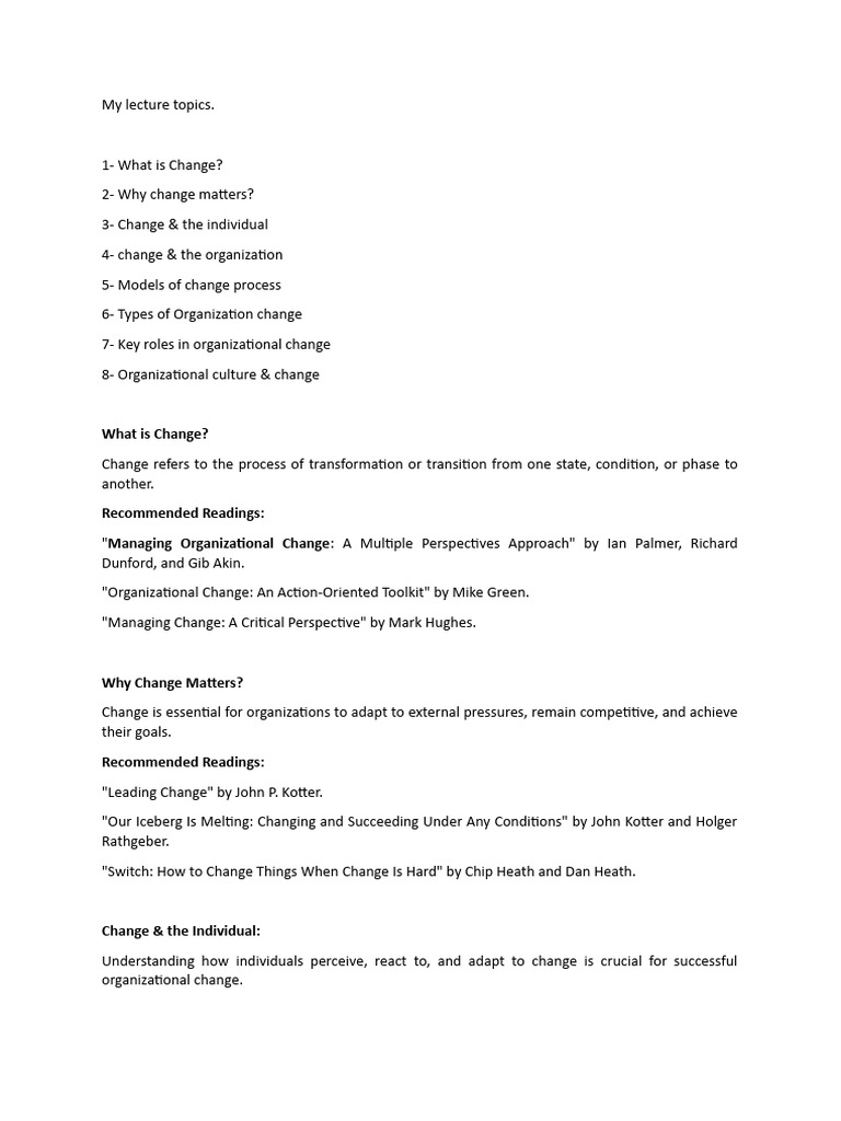 My Lecture Topics Pdf Change Management Organizational Culture