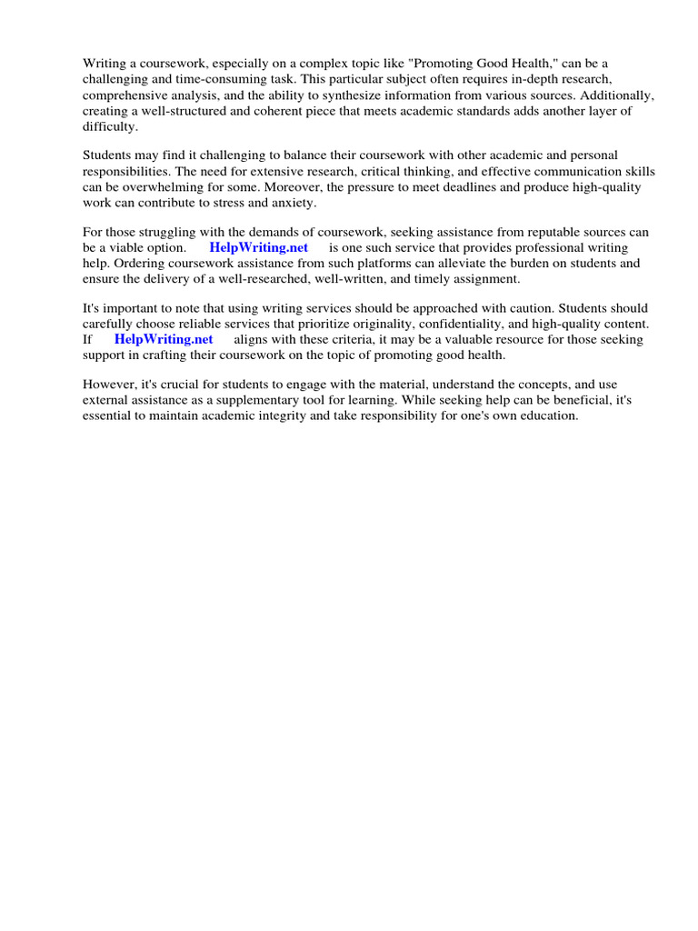 Promoting Good Health Coursework | PDF | Health Education | Health Care