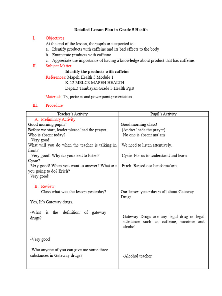Detailed Lesson Plan in Grade 5 Health | Download Free PDF | Caffeine ...