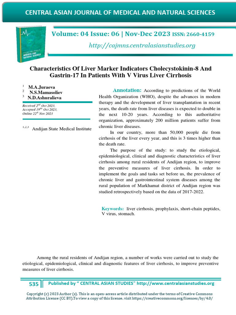 Characteristics of Liver Marker Indicators Cholecystokinin-8 and ...