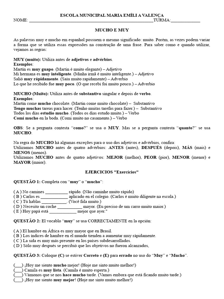 O Uso Do Muy e Mucho 22052023 | PDF | Adjetivo | Substantivo