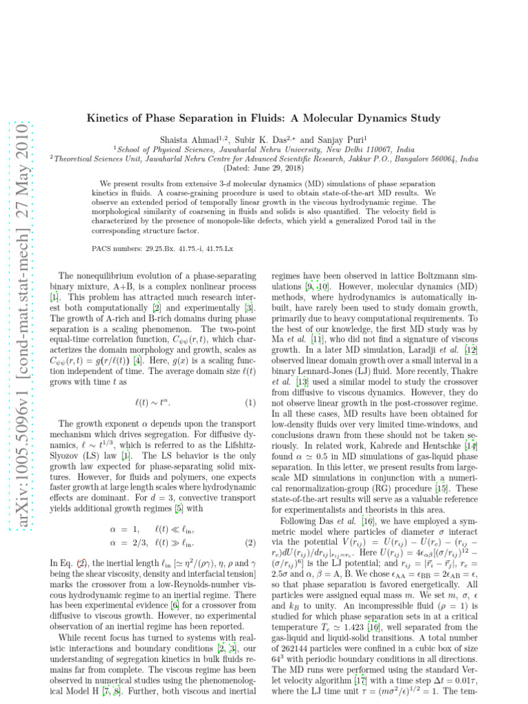 Kinetics of Phase Separation in Fluids: A Molecular Dynamics Study | PDF | Viscosity | Fluid ...