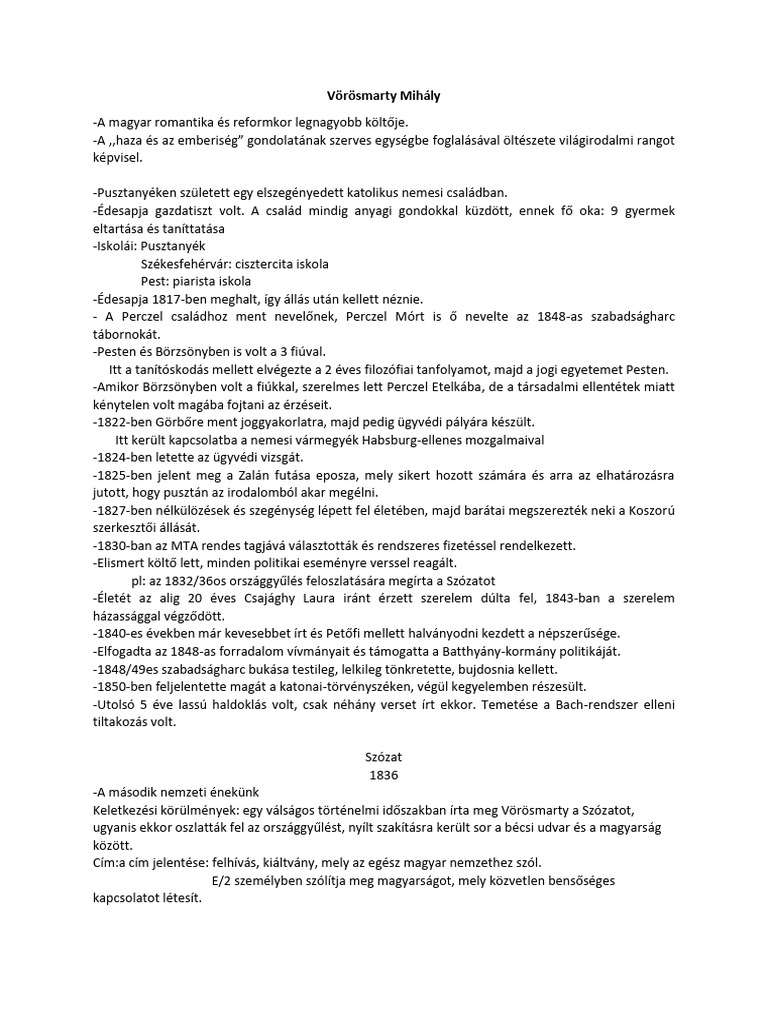 Tétel Vörösmarty Mihály Lírája És A Csongor És Tünde | PDF