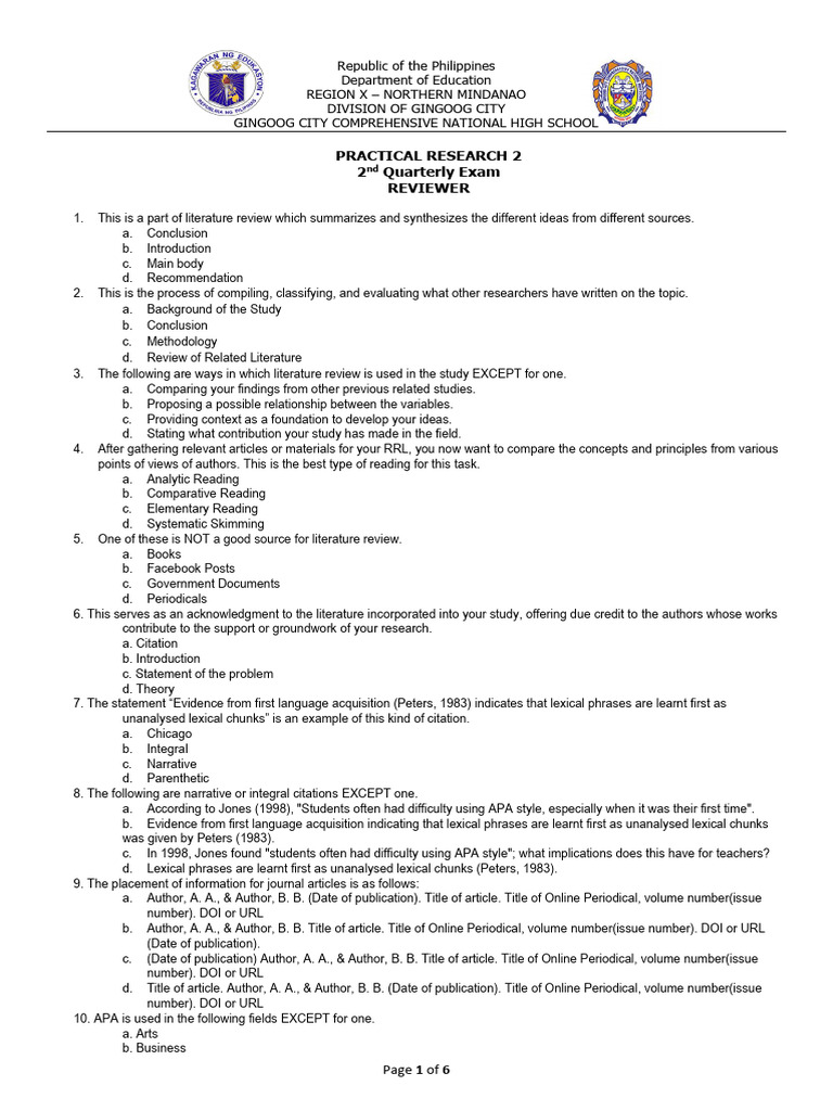 PR2 2nd QTR Exam 2023-2024 - Reviewer | PDF | Sampling (Statistics) | Validity (Statistics)