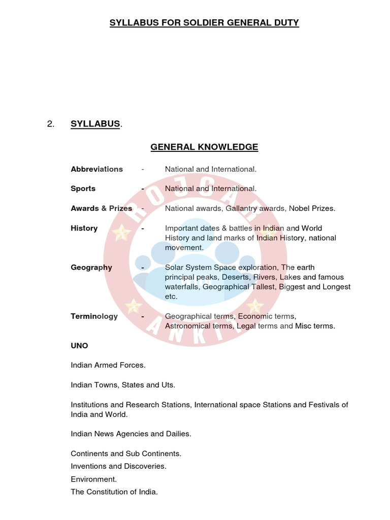 Syllabus For Soldier General Duty: Abbreviations Sports - Awards & Prizes - History | PDF | Area ...