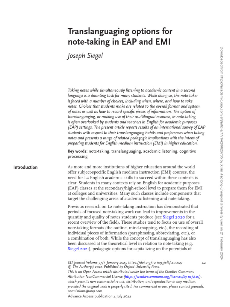 Siegel, J. Translanguaging Options For Note-Taking in EAP and EMI | PDF ...