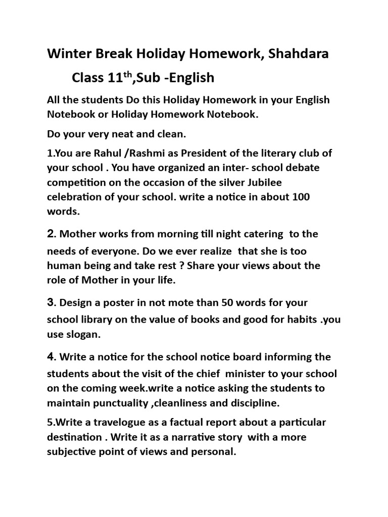 Winter Break Holiday Homework, Shahdara Class 11, Sub - English | PDF