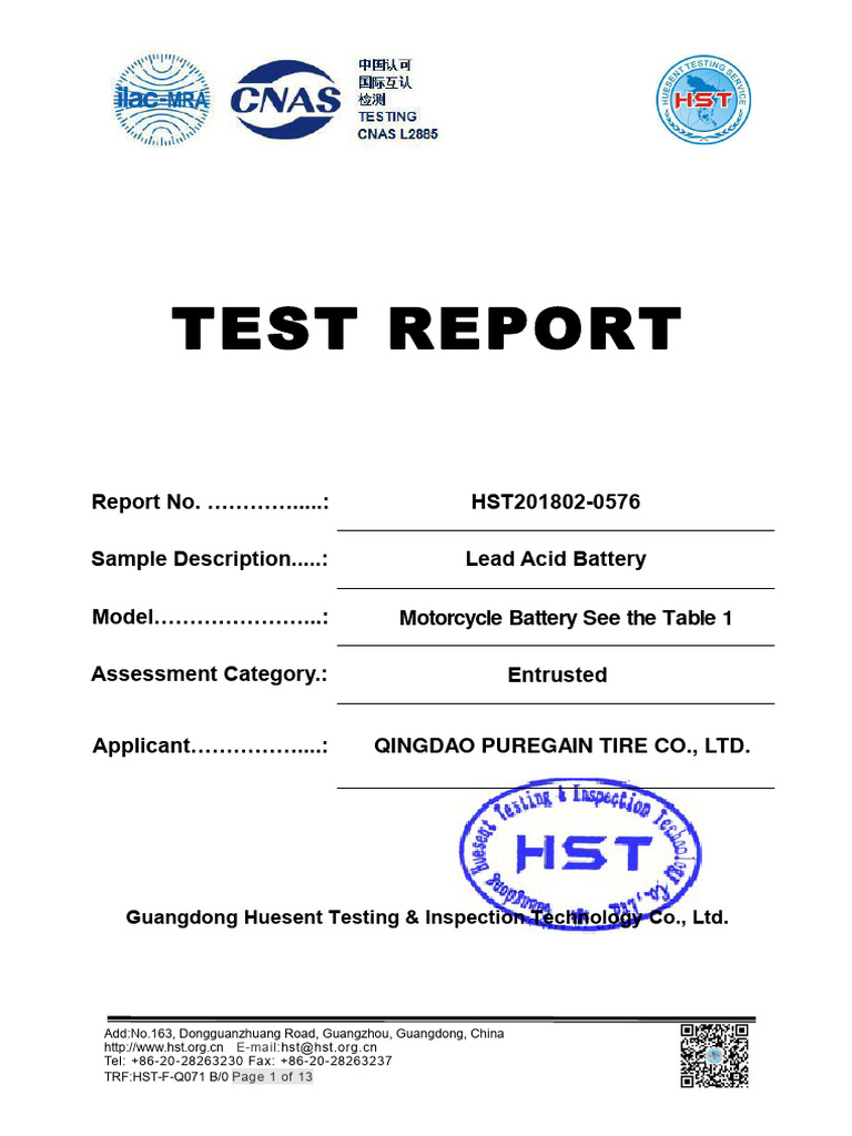 IEC60896 (FTHT Battery) Test Report | PDF | Physical Sciences | Materials
