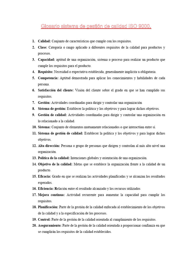 Glosario Sistema de Gestión de Calidad ISO 9000 | PDF | Calidad ...