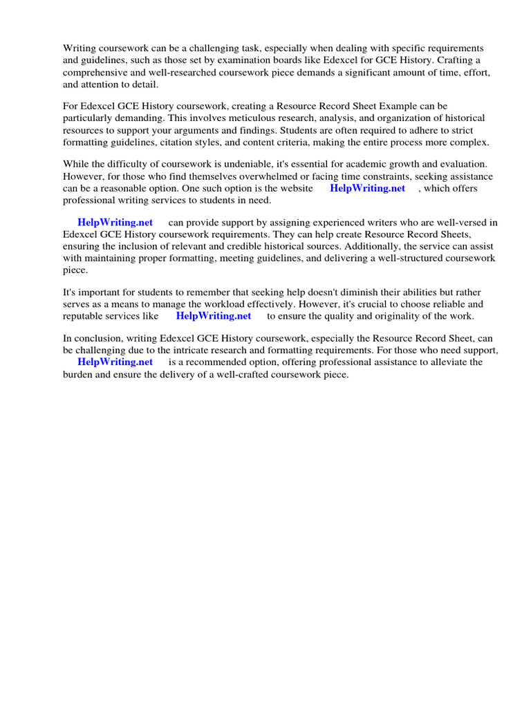Edexcel Gce History Coursework Resource Record Sheet Example | PDF
