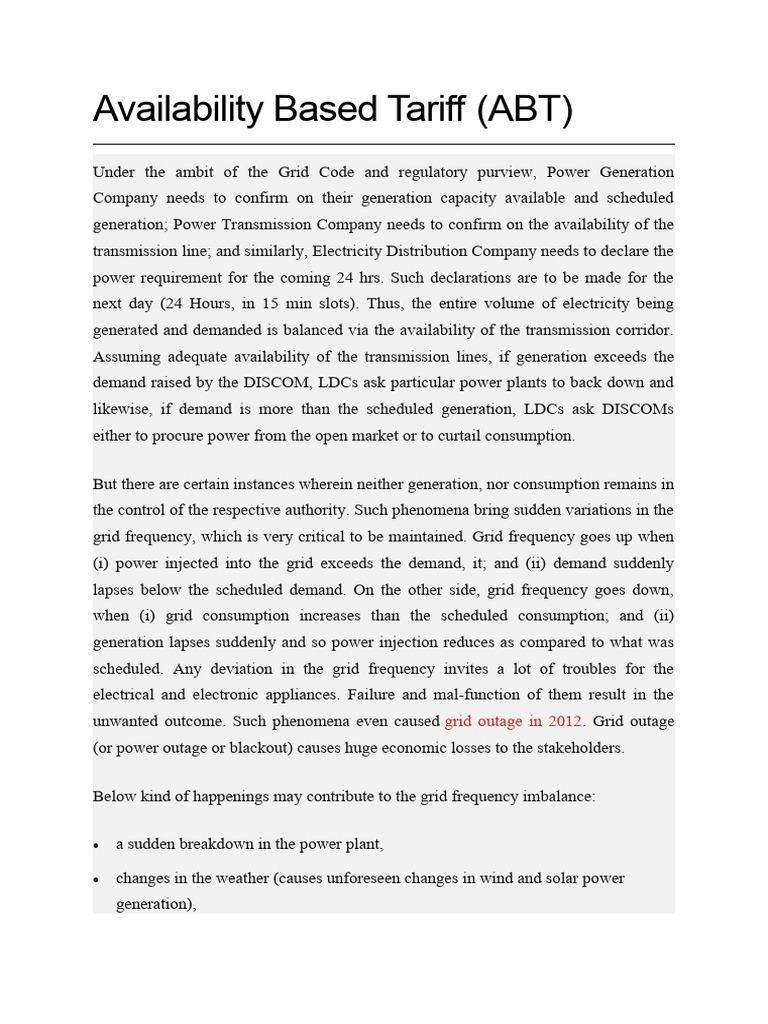 Understanding Availability Based Tariff | PDF | Electrical Grid ...