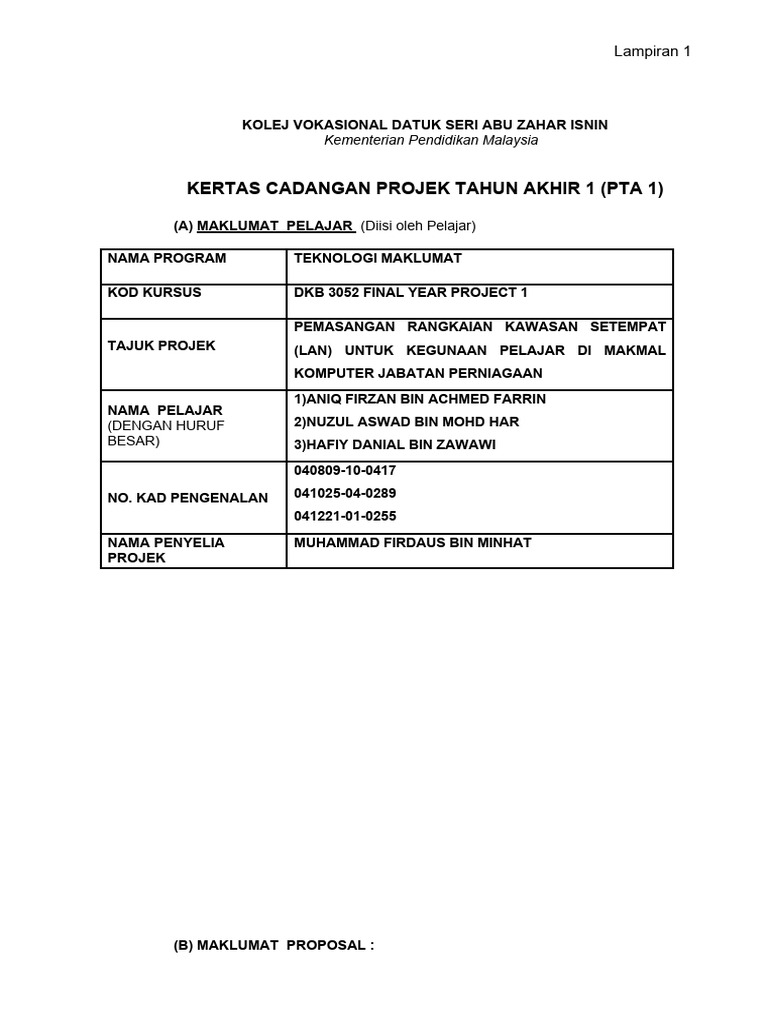 LAMPIRAN 1 Kertas Cadangan Proposal PTA1 Edisi 2020 BPLTV | PDF