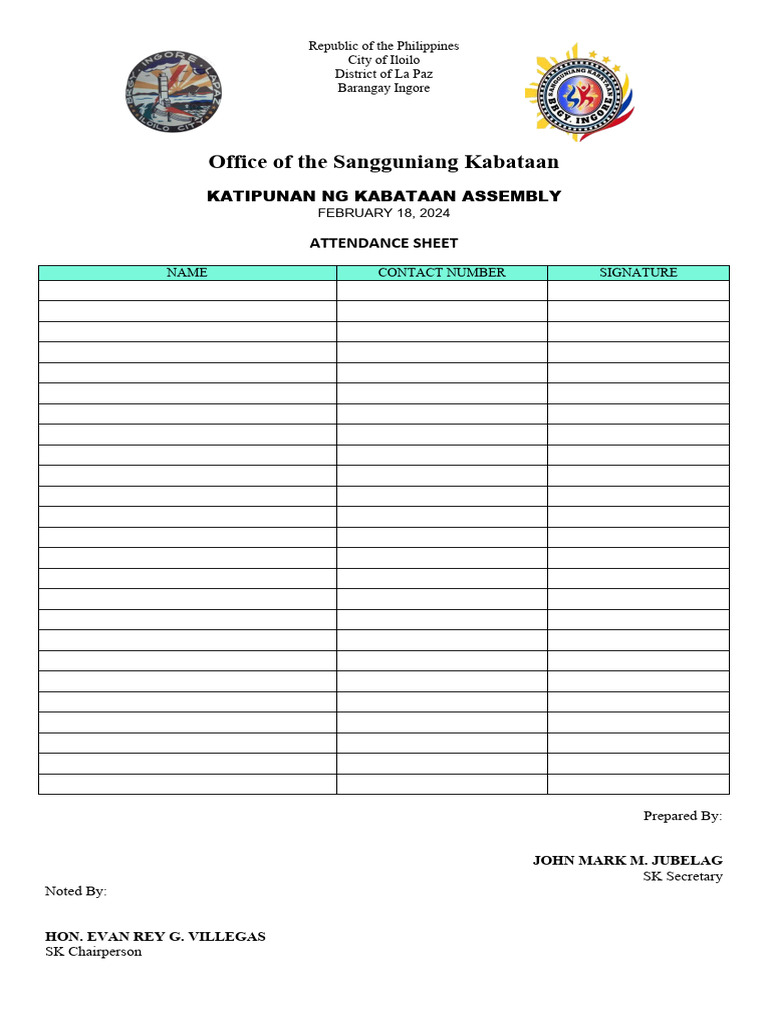 KK Assembly Attendance Sheet 2024 | PDF