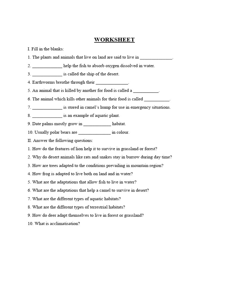 Habitat Adaptation Worksheet | PDF