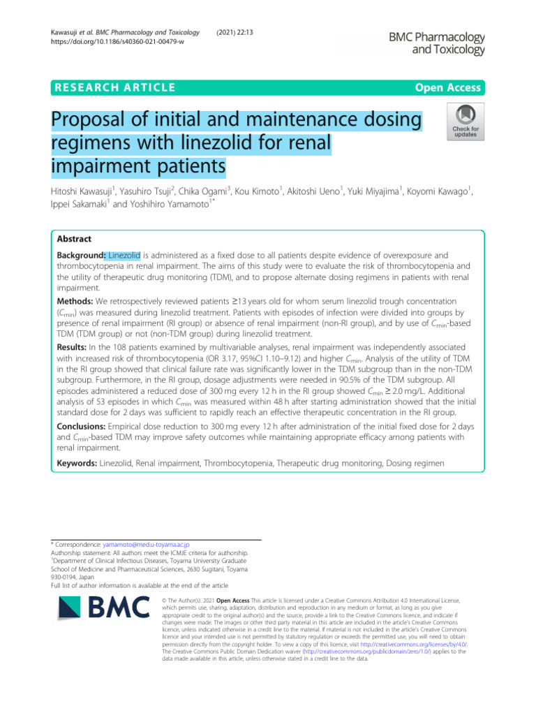 Proposal of Initial and Maintenance Dosing Regimens With Linezolid For ...