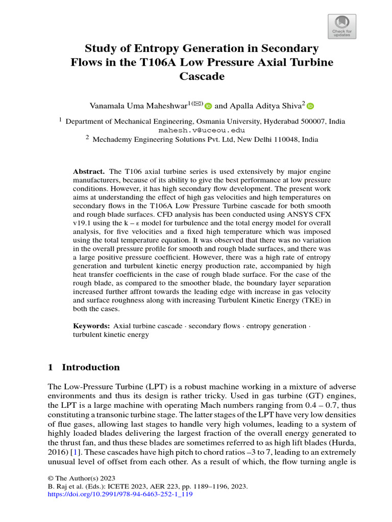 Study of Entropy Generation in Secondary Flows in The T106A Low ...